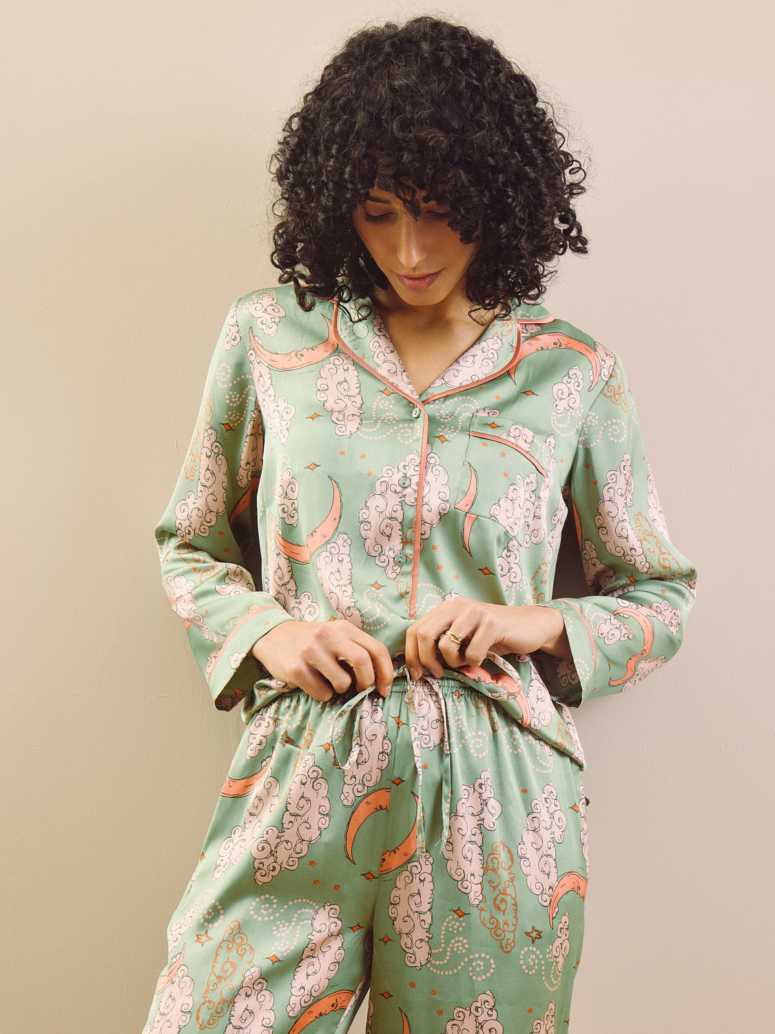 Womens Satin Traditional Pyjamas Sage Pink Moon – THEIR NIBS