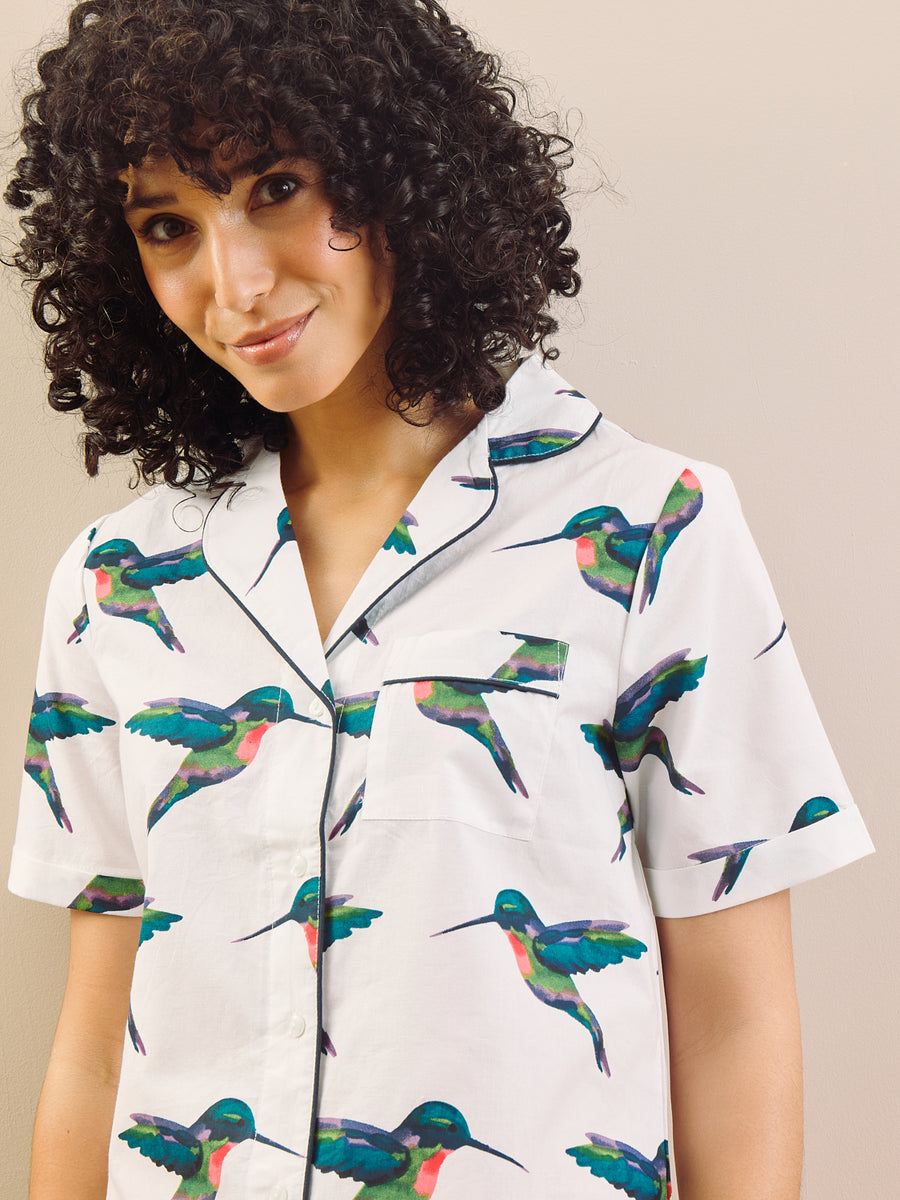 Womens Cotton Shortie Pyjamas White Hummingbird – THEIR NIBS