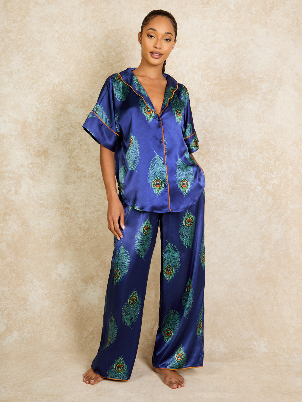Their Nibs, Womens, Oversize Scallop Satin Pyjamas, Navy Peacock ...