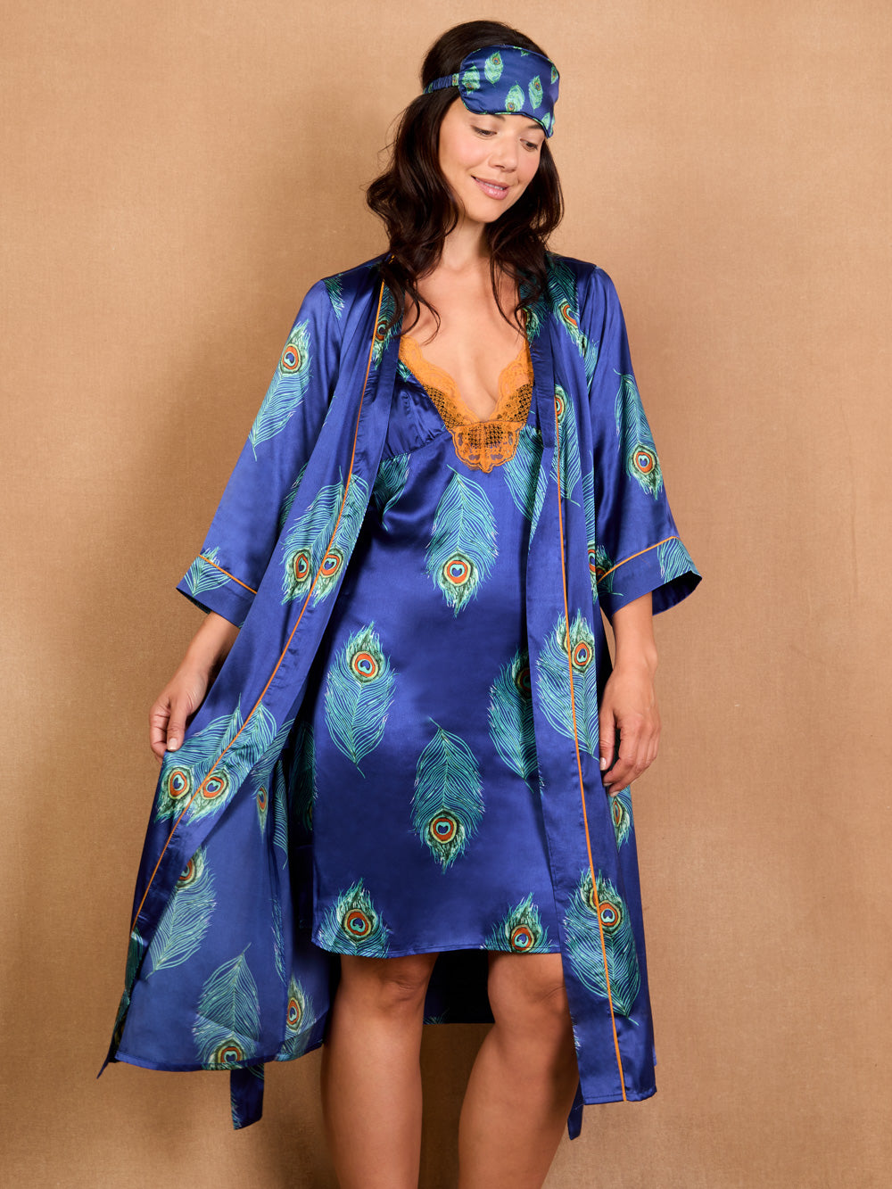 Womens Satin Robe Navy Blue Peacock Feather – THEIR NIBS