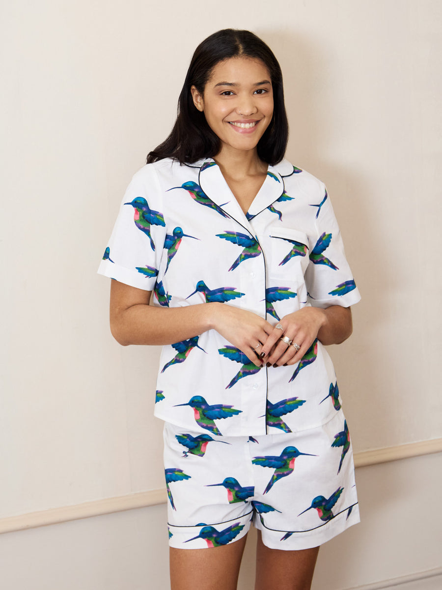 Womens Cotton Shortie Pyjamas White Hummingbird – THEIR NIBS