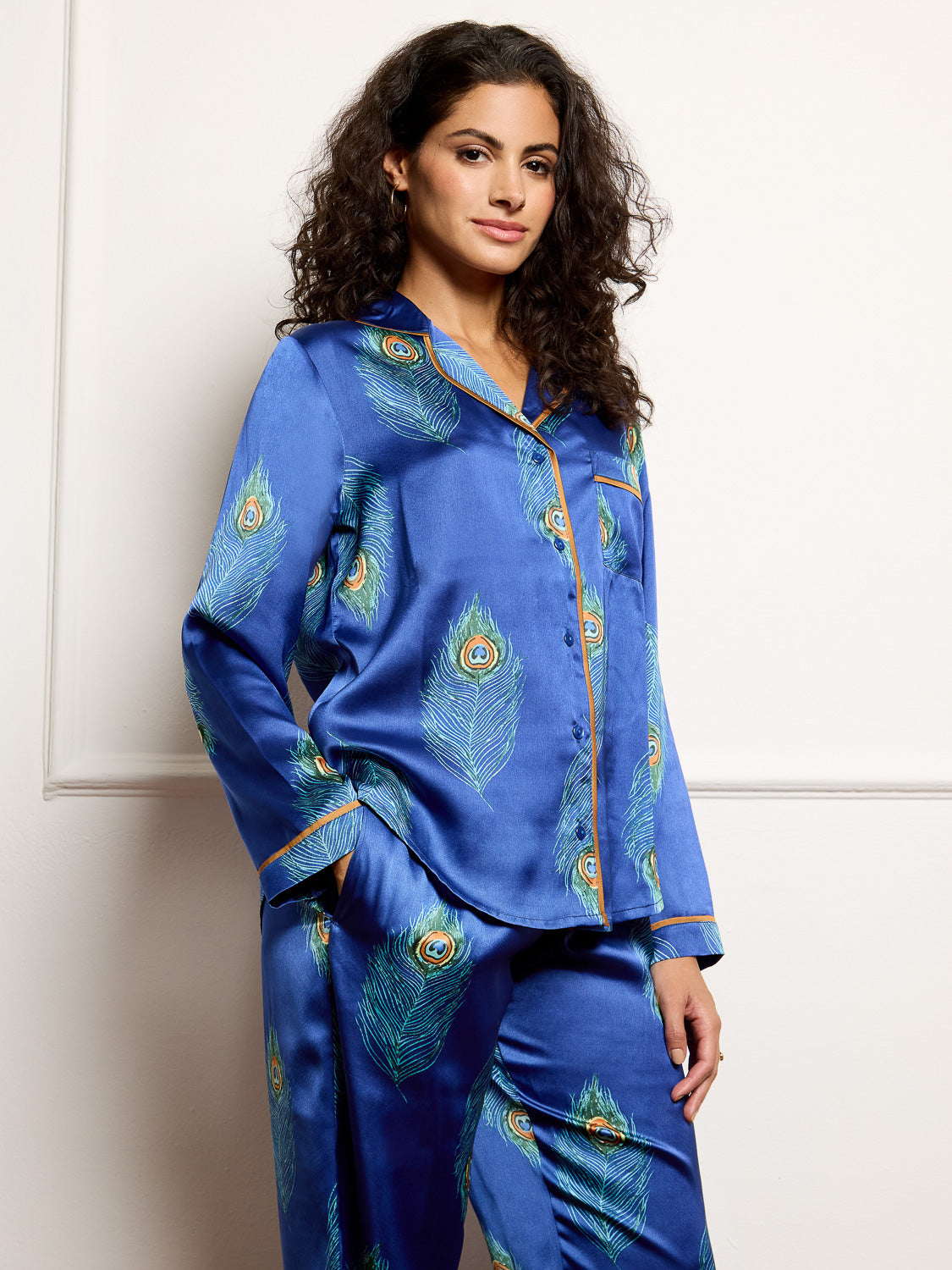 Womens Satin Traditional Pyjamas Navy Peacock Feather – THEIR NIBS