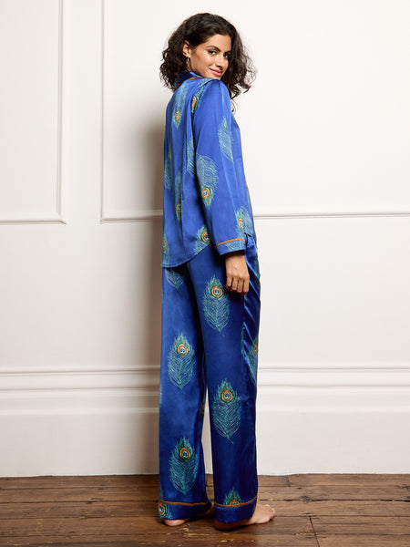 Womens Satin Traditional Pyjamas Navy Peacock Feather – THEIR NIBS