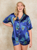 Womens Satin Traditional Pyjamas Navy Peacock Feather – THEIR NIBS