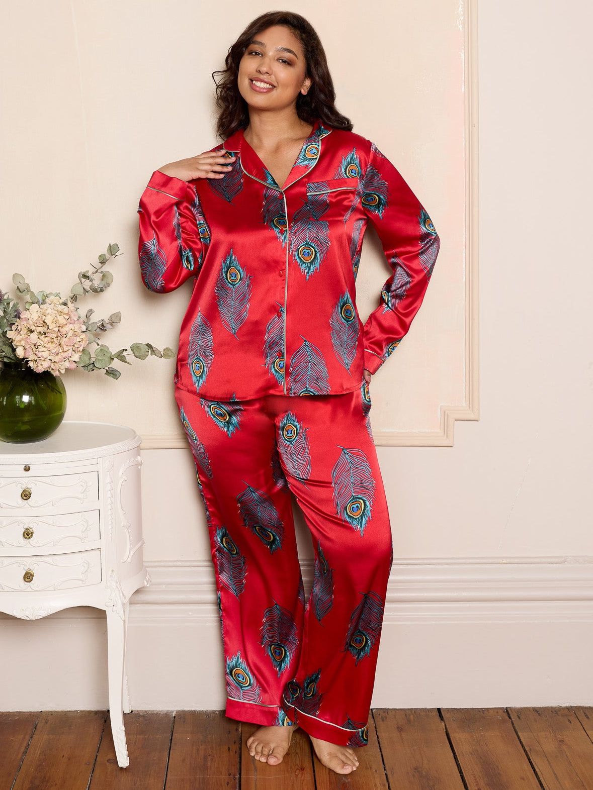 Womens Satin Traditional Pyjamas Red Peacock Feather – THEIR NIBS