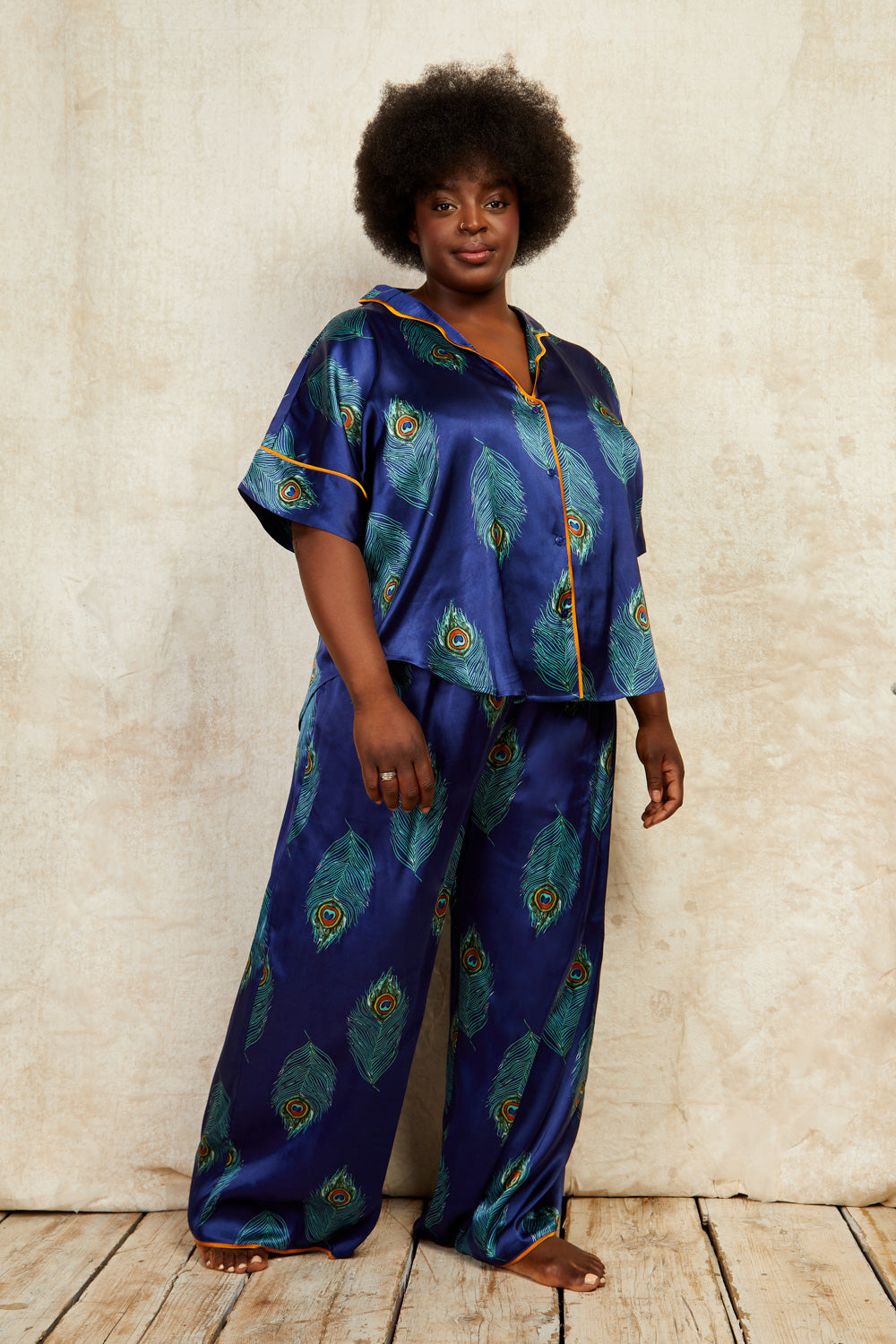 Womens Satin Oversize Scallop Pyjamas Navy Peacock Feather – THEIR NIBS