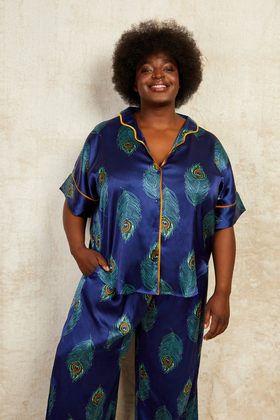 Womens Satin Oversize Scallop Pyjamas Navy Peacock Feather – THEIR NIBS