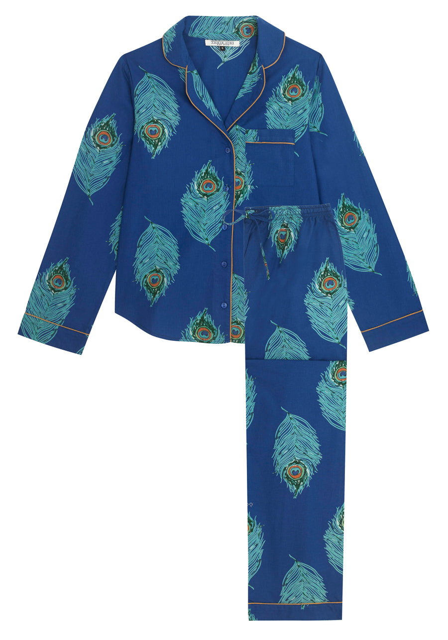 Womens Cotton Traditional Pyjamas Navy Peacock Feather – THEIR NIBS