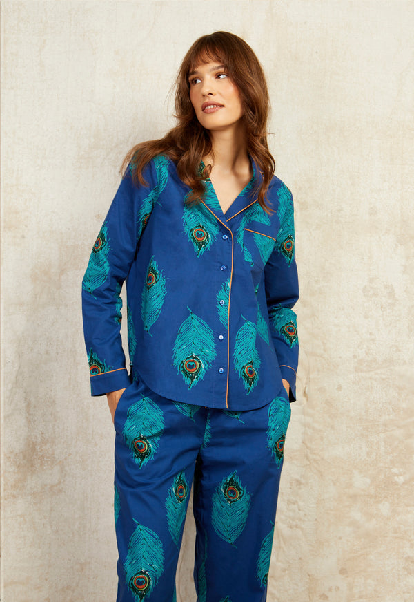 Womens Traditional Cotton Pyjamas Navy Peacock Feather – THEIR NIBS