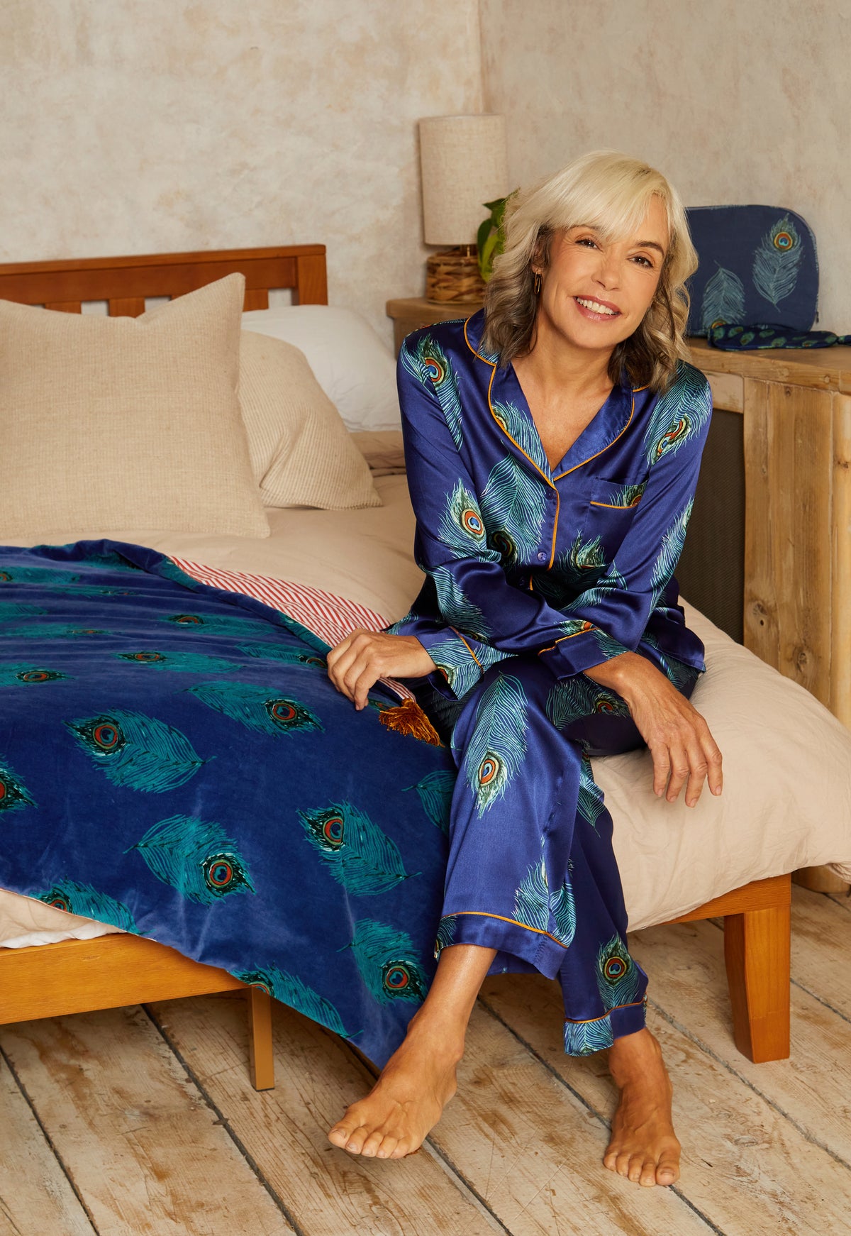 Womens Satin Traditional Pyjamas Navy Peacock Feather – THEIR NIBS