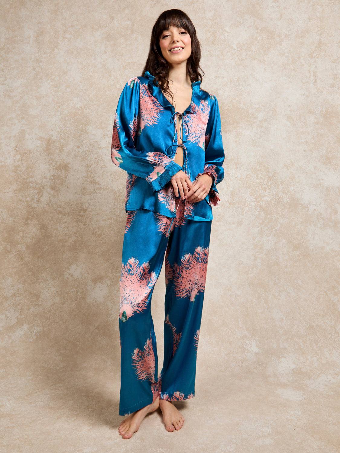 Womens Satin Tie-Front Pyjamas Teal Ostrich Feather – THEIR NIBS