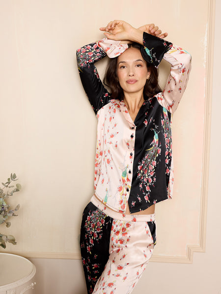 Womens Satin Bold Cuff Pyjamas Pink Contrast Peacock and Roses – THEIR NIBS