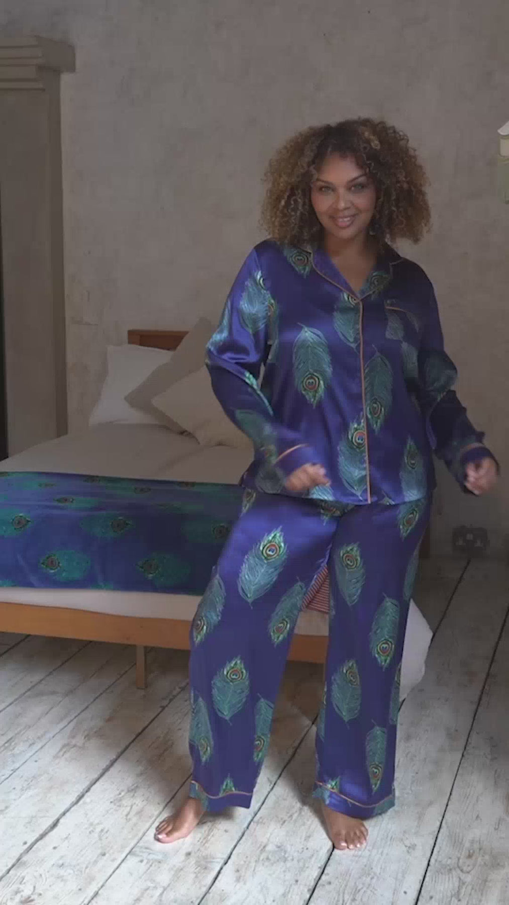Womens Satin Traditional Pyjamas Navy Peacock Feather – THEIR NIBS